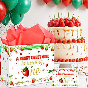Baby Girl 1st Birthday Gift Bag A Berry Sweet Girl is Turning One Gift Bag Strawberry 1st Birthday Wrapping Bag with Tissue Paper and Card for Sweet Baby Girl Baby Shower Red Berry Birthday Christmas Party Supplies