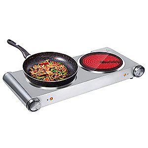 Davivy Double Hot Plate Electric Ceramic plate,1800W Infrared Cooktop 7inches 2 Burners for ALL Cookwares for Home/RV/Camp(silver,900W+900W) (Double Hot Plate)