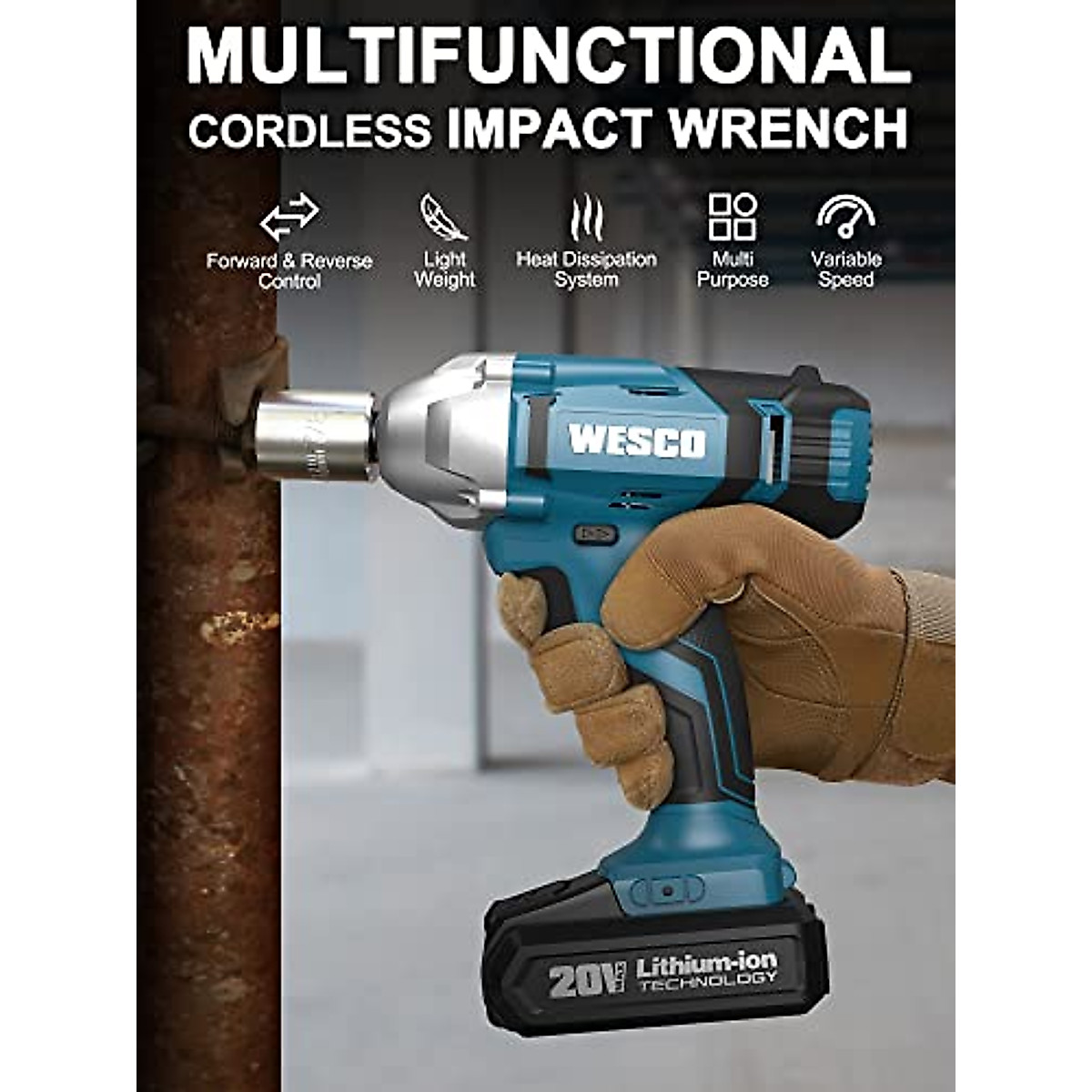 WESCO 20V Cordless Impact Wrench, 1/2",1602 In-lbs(180N.m),2.0A Li-ion Battery, LED Light 3 Pcs Drive Impact Sockets and 1 Hour Fast Charger