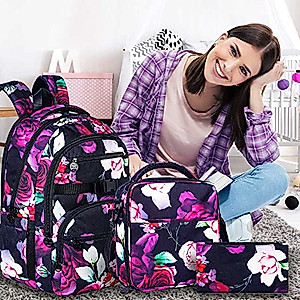 FTJCF Laptop Backpack, 16 Inch School Bag College Bookbag, Anti Theft Daypack Bags and Lunch Bag Set, Water Resistant Rose Backpacks for Teens Girls Women Students (Black)