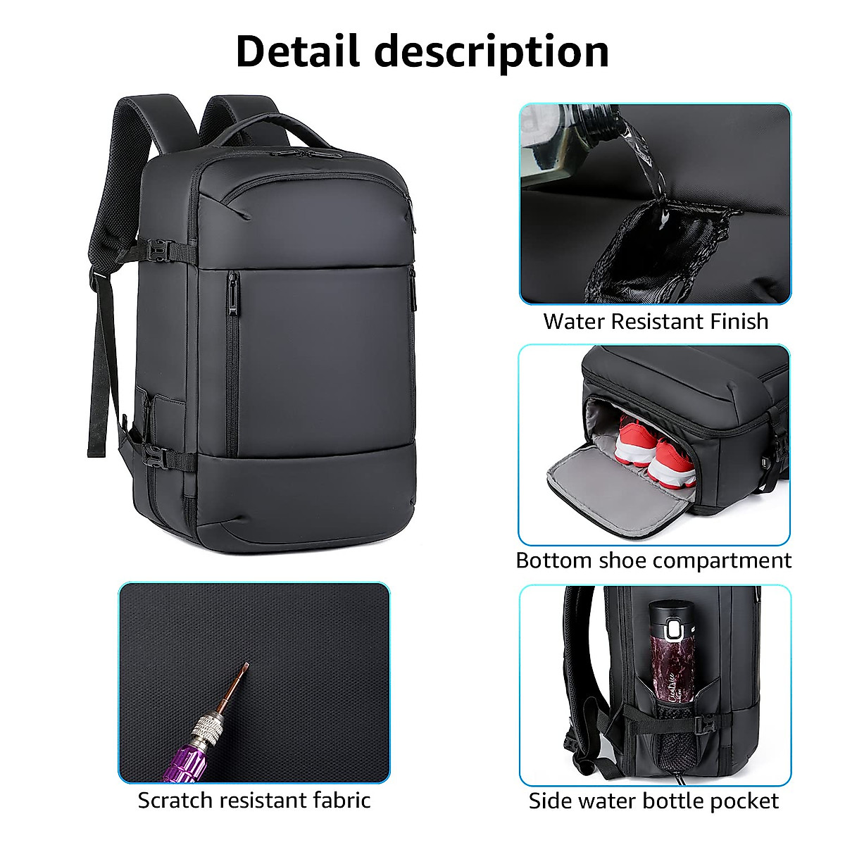 Refutuna Carry On Backpak, 40L Flight Approved Luggage Backpack for Men Women, Expandable Water Resistant Travel Backpack Fits 17.3 Inch Laptop(Black)