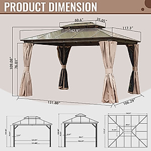 Domi 10'x12' Hardtop Gazebo with Polycarbonate Double Roof Canopy,Outdoor Aluminum Frame Permanent Pavilion with Curtains and Netting, Sunshade for Garden,Patio,Lawn (Dark Brown Frame)