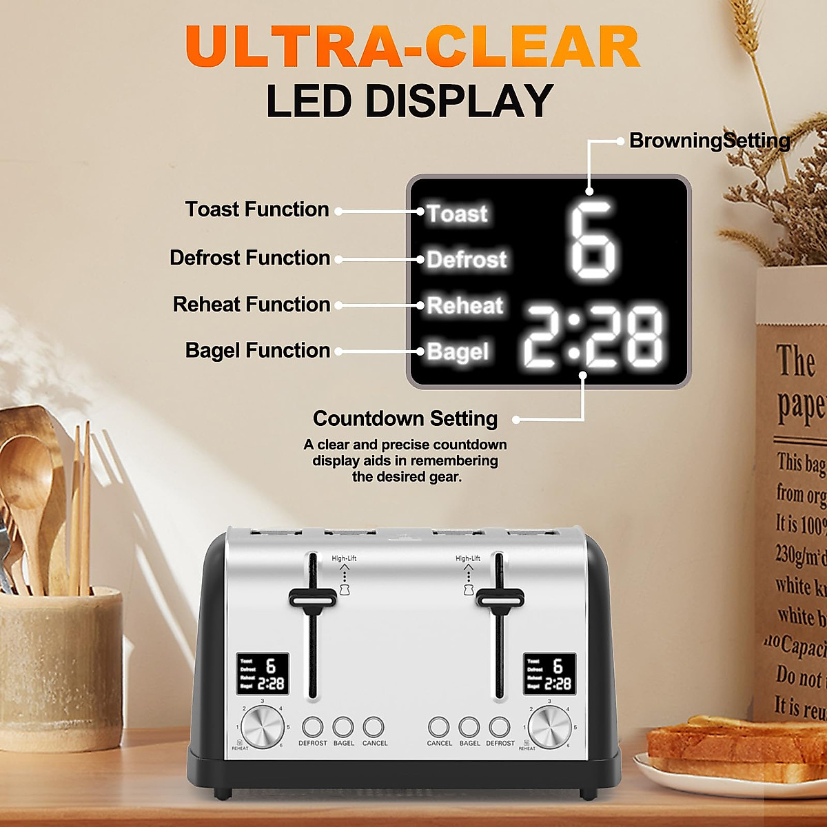 Toaster 4 Slice,Ultra-Clear Led Display, Dual Control Panels With Independent Settings,Retro Stainless Steel Toaster Wide Slot for Waffles, 4 Slice Toaster with Bagel LainstenT-5057D (Black)