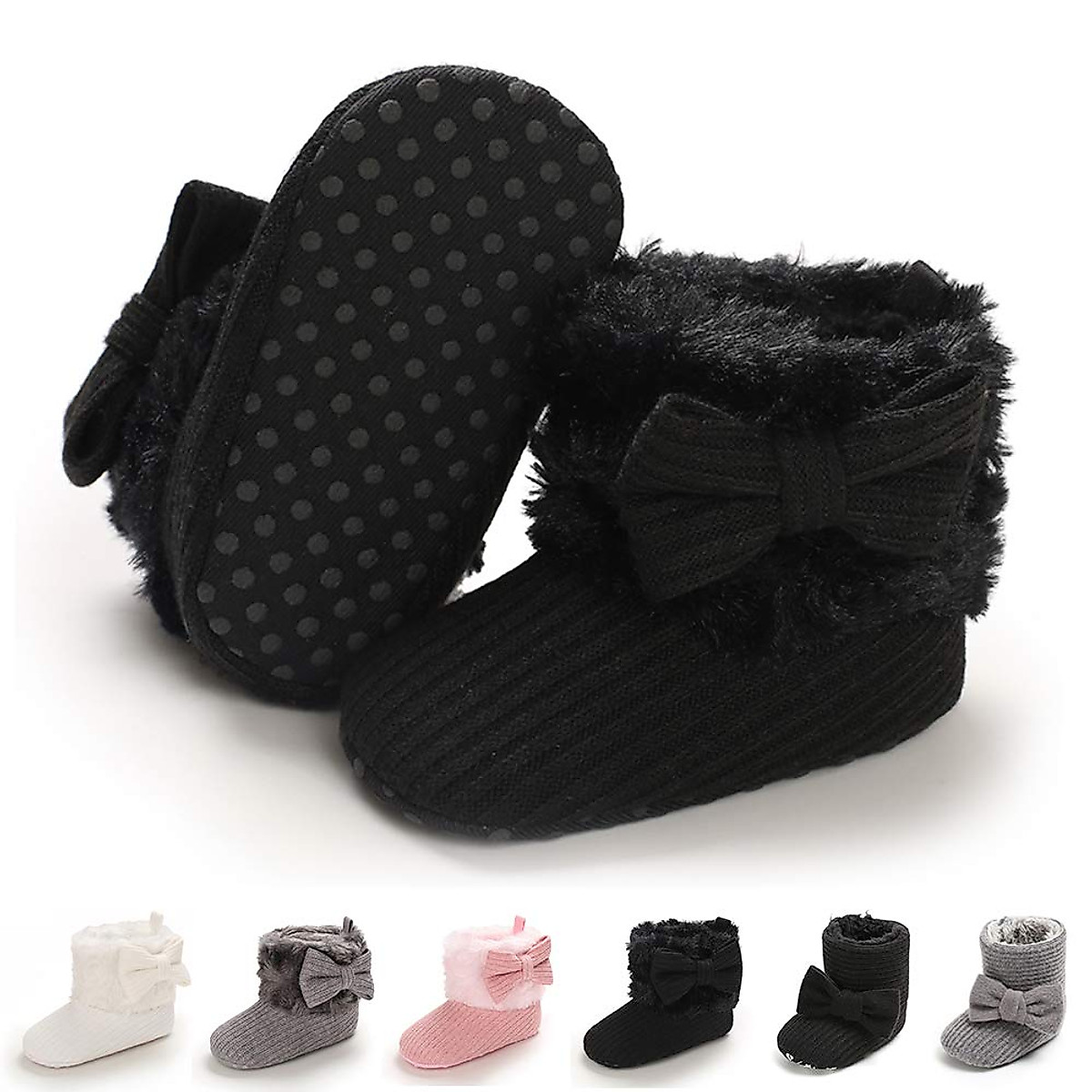 E-FAK Baby Boy Girl Boots Newborn Shoes Winter Snow Bowknot Anti-Slip Soft Sole Warm Infant Toddler Prewalker Booties(02 Black, 0-6 Months)
