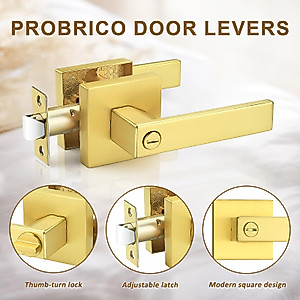 Probrico 2 Pack Gold Entry Door Lever Lock,Antique Brass Heavy Duty Interior Front Door Handles with Key, Entrance Exterior Lockset Each with 3 Different Keys