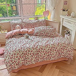Cherry Duvet Cover Set, 100% Cotton Pure Cotton Printing，Home Standard Four-piece Bedding Set Decorative, Deep Pocket, Warm, Super Soft, Breathable Sheets with 2 Pillow Shams, Red ( Size : A1.2m3pcs )