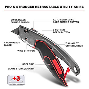 HAUTMEC Heavy Duty Utility Knife With Dual Cutting Mechanism，Safety Auto-Retracting and Precision 3 Position Depth Tough Cutting, Professional Retractable Box Cutter With 3 Black Sk4 Blades, HT0311