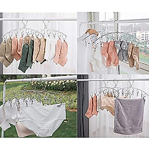 WudTus Clothes Hanger with 10 Clips, Stainless Steel, Windproof, for Drying Socks, Bras, Underwears, Baby Clothes, Hats, Scarfs, Towels, Pants and Gloves (2 Pack)