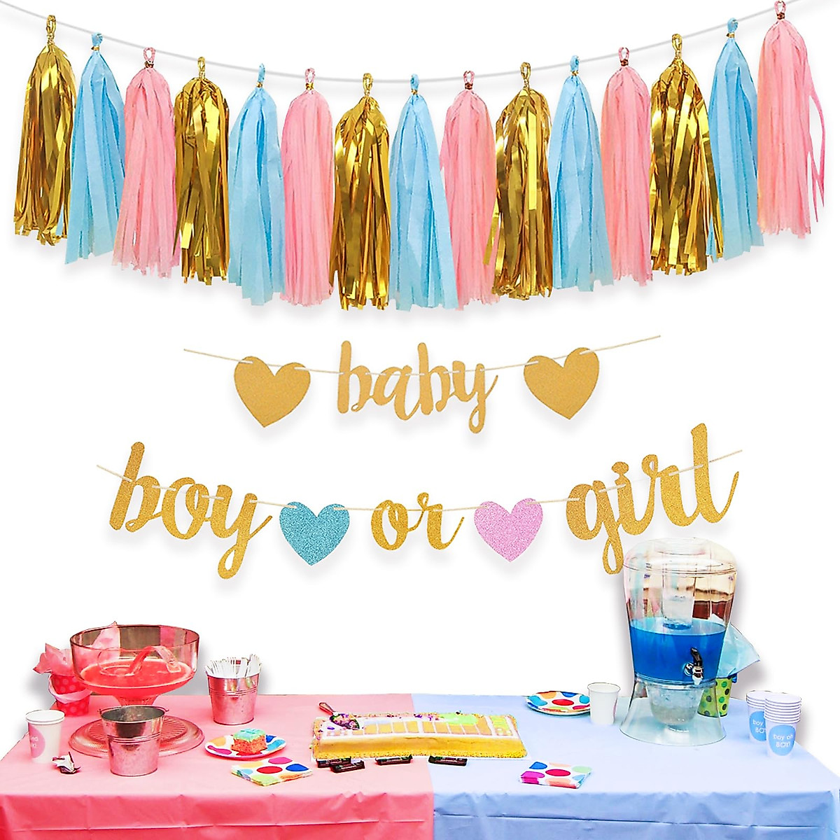 Aonor Gender Reveal Party Decorations - Glitter Letters Baby and Boy or Girl with Hearts Banner, Tissue Paper Tassels Garland Set for Baby Shower Party Decorations