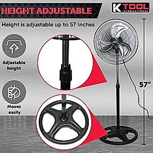 K Tool International 77733; 18 Inch Pedestal Fan; For Commercial and Residential Use, 3 Speed Motor, Wide Fan Blades Designed for Quiet Operation, Adjustable Height Pedestal, 1,810 Max CFM, Black