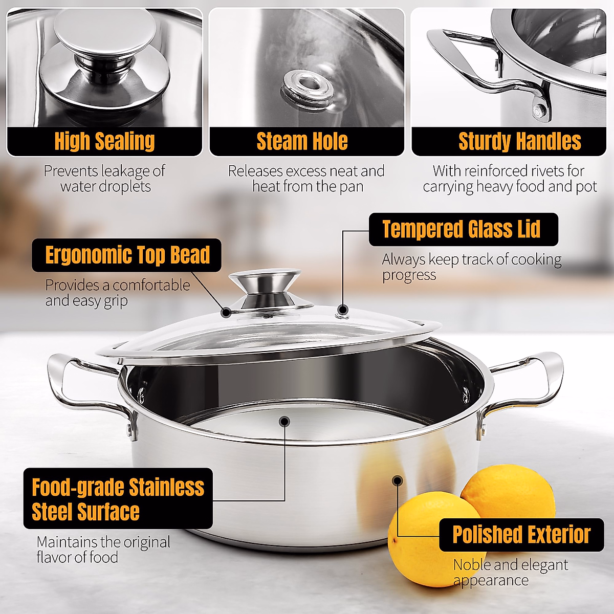 AuFranc® 4 Quart Tri-ply Stainless Steel Stockpot with Glass Lid, Induction Stock Pot Compatible with All Cooktops, Non-Toxic Soup Pot with Riveted Handles, Oven & Dishwasher Safe (Silver)