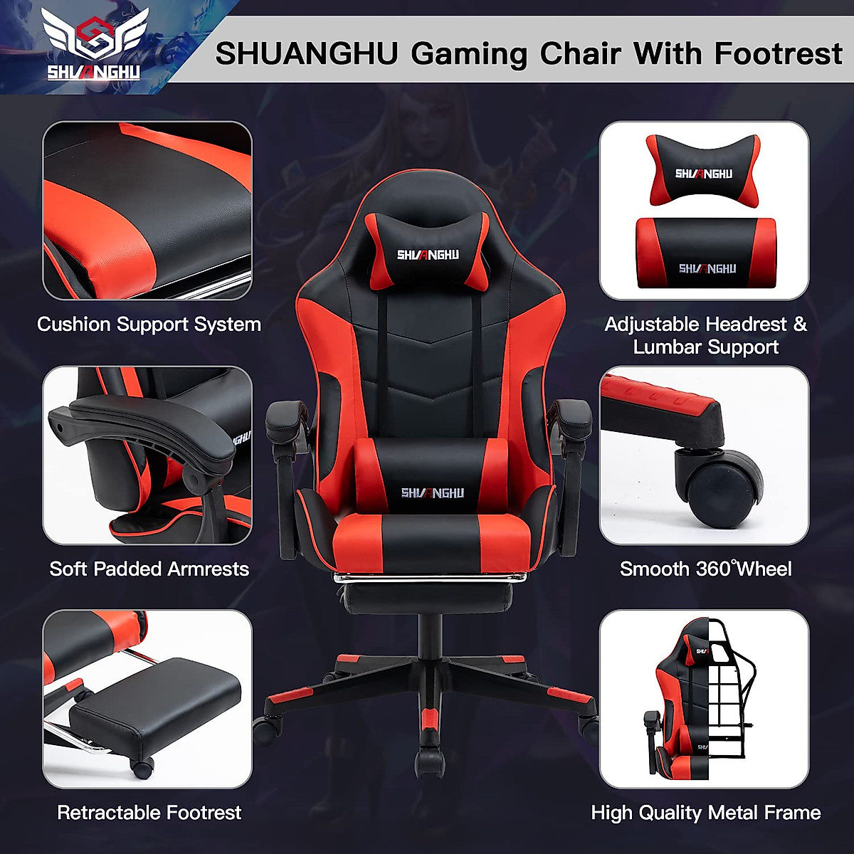 shuanghu Gaming Chair High Back Computer PC Ergonomic Video Office Chairs Gamer Chair with Footrest Video Support Reclining Video Computer Chair Desk Chair Leather Gaming Chair
