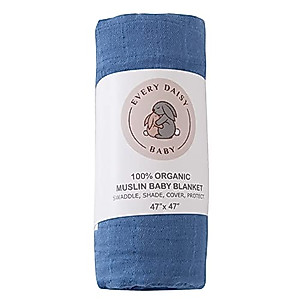 Every Daisy Baby Muslin Swaddle Blanket - Certified Organic Cotton Breathable Receiving Blanket, Extra Soft Newborn Nursery Wrap for Boys & Girls Solid Colors 47 x 47 inches (Blueberry Yogurt)