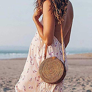 Hossejoy Handwoven Round Rattan Bag Shoulder Leather Straps for Women