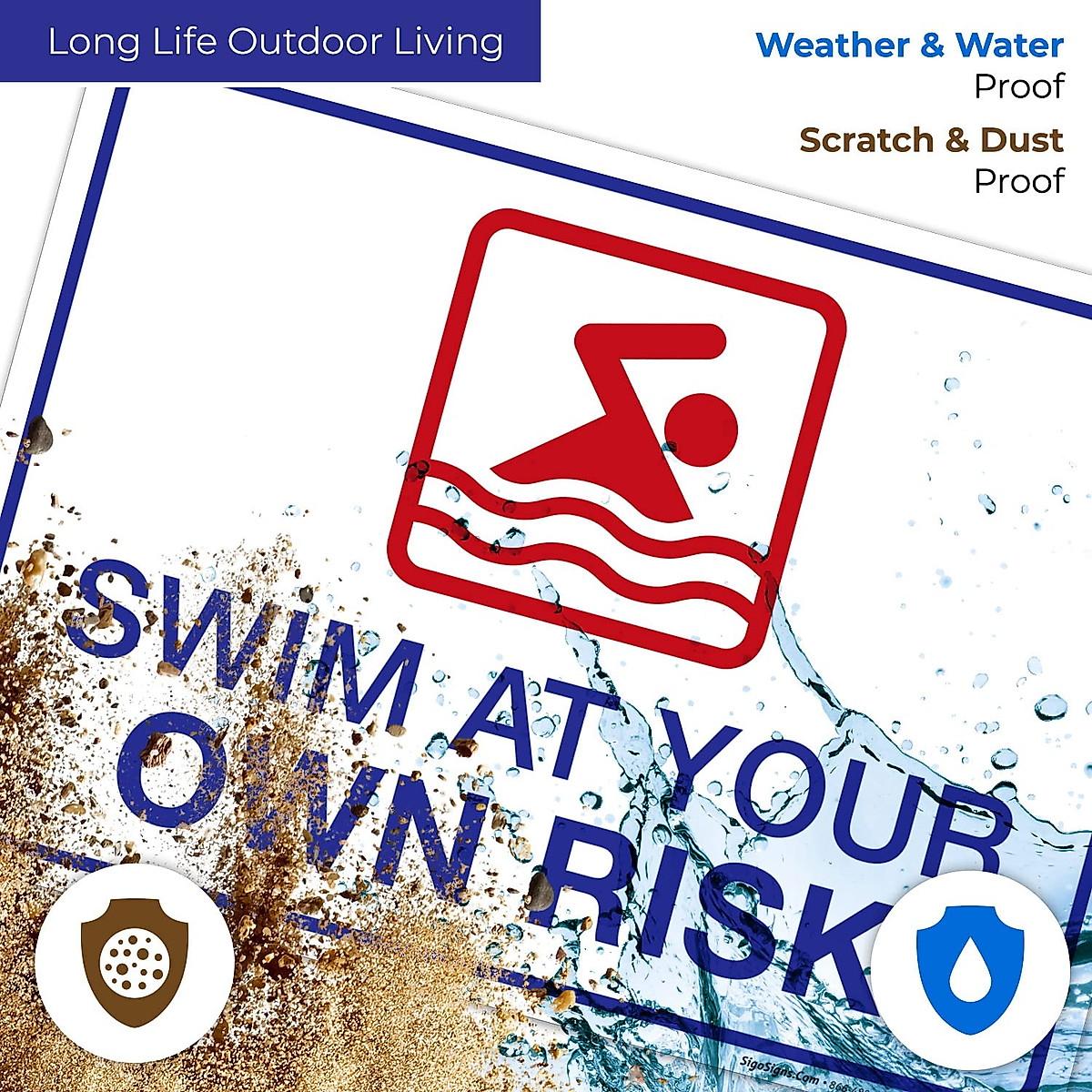 Swim at Your Own Risk Sign, Pool Sign, 10x14 Inches, Rust Free .040 Aluminum, Fade Resistant, Made in USA by Sigo Signs