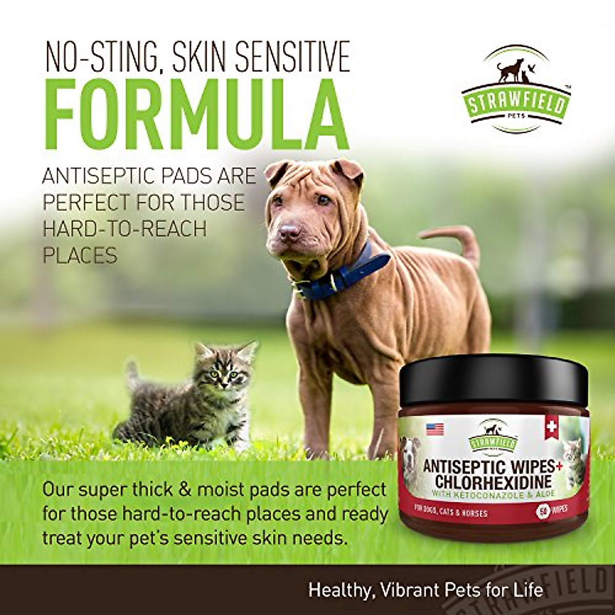 Strawfield Pets Cat & Dog Cleaning Wipes for Paws, Butt, Face, Ear & Body | Antibacterial & Antifungal Chlorhexidine Wipes for Yeast Infection Treatment, Hot Spot, Ringworm, Bacteria & Fungus