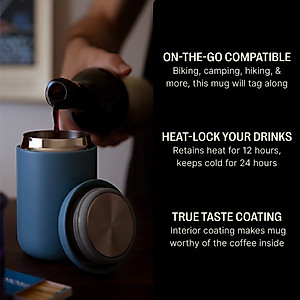 Fellow 12 oz Carter Wide Travel Mug - Wide Mouth Vacuum-Insulated Stainless Steel Coffee Mug - Tea and Coffee Tumbler - Travel Coffee Mug with Ceramic Interior - Stone Blue