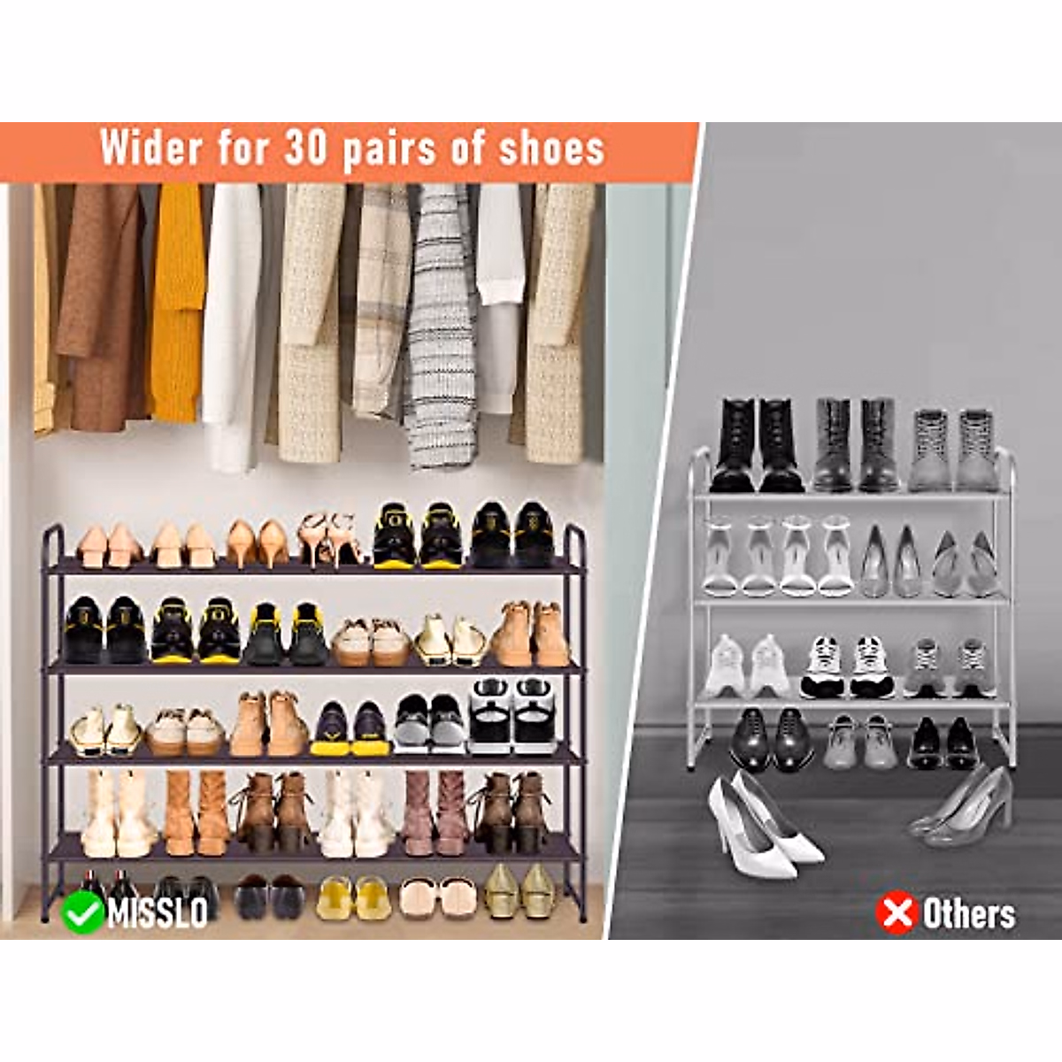 MISSLO 2 Tier Long Shoe Rack for Closet and 4 Tier Long Shoe Organizer for Closet Shoe Organizer Holds Wide Low Stackable Shoe Storage Shelf for Bedroom Floor, Men Boots, Women Heels, Kids Sneakers