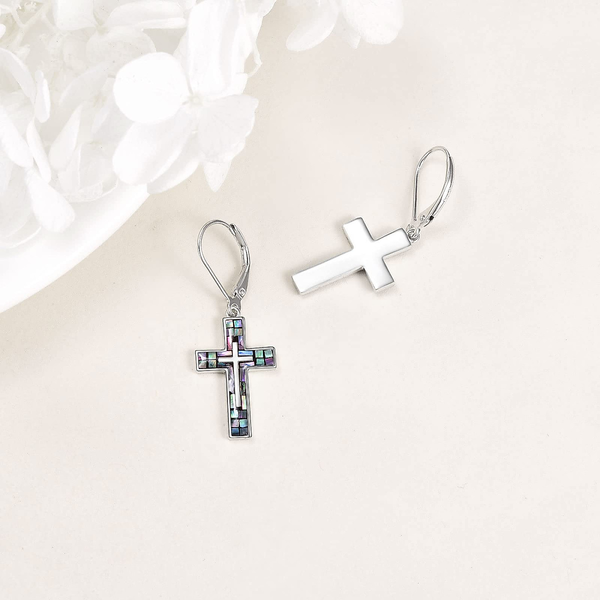 YFN Cross Earrings Sterling Silver Abalone Shell Cross Earrings Dangle Drop Earrings Jewelry Gifts for Women