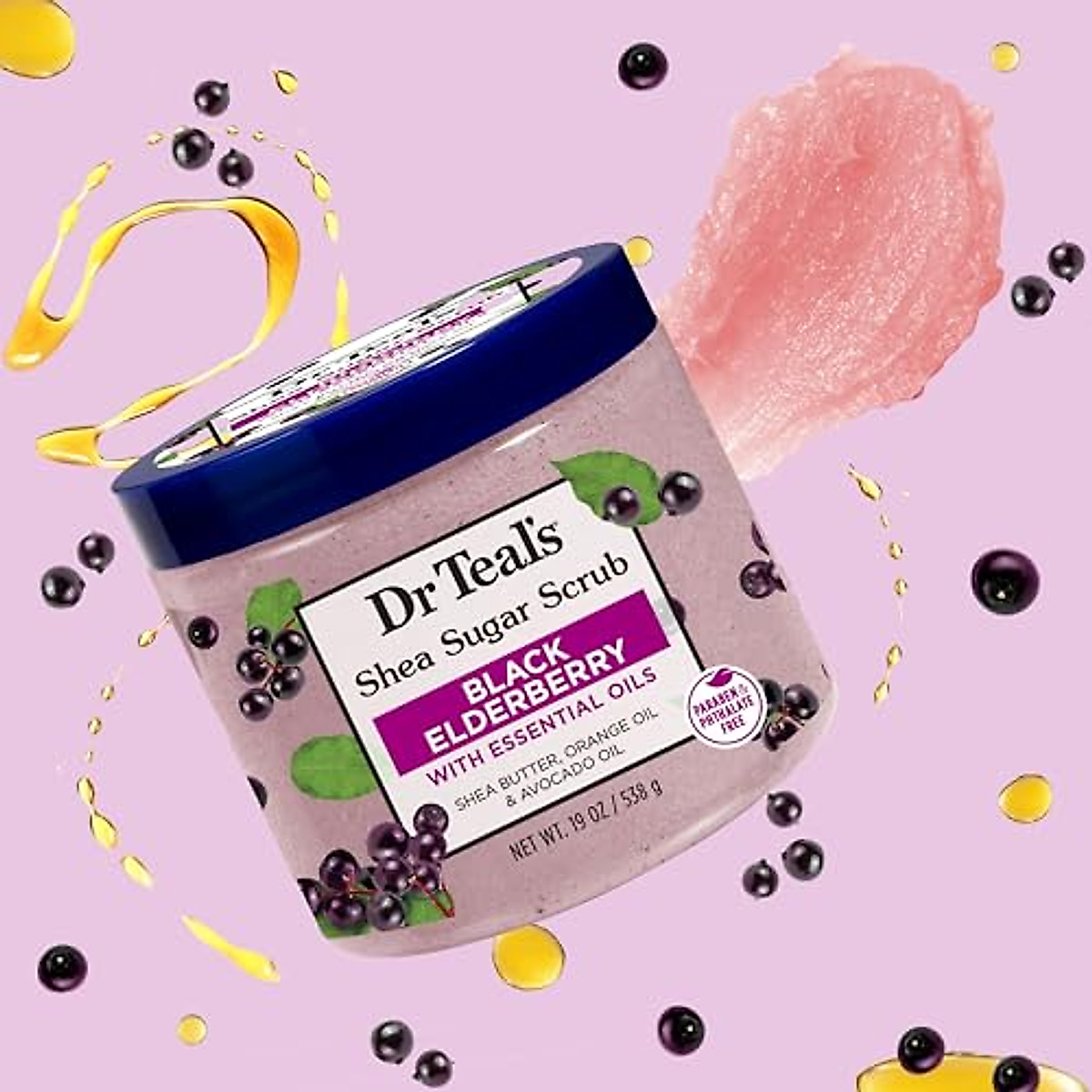 Dr Teal's Shea Sugar Body Scrub, Black Elderberry with Essential Oils, 19 oz (Pack of 3) (Packaging May Vary)