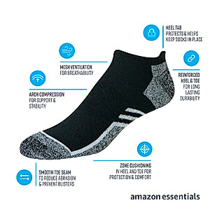 Amazon Essentials Men's Performance Zone Cushion Athletic Tab Socks, 6 Pairs, Black/White, 6-12