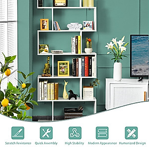 IFANNY 6 Tier S Shaped Bookshelf, Wooden Open Bookcase w/Anti-Tipping Device, Display Shelf Storage Organizer for Home, Office, Living Room, 31.5 x 9 x 75 inch