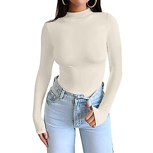 PINKMSTYLE Womens Mock Turtleneck Long Sleeve Tops Double Lined Tight Shirts Base Layer Fall Outfits Cream Small