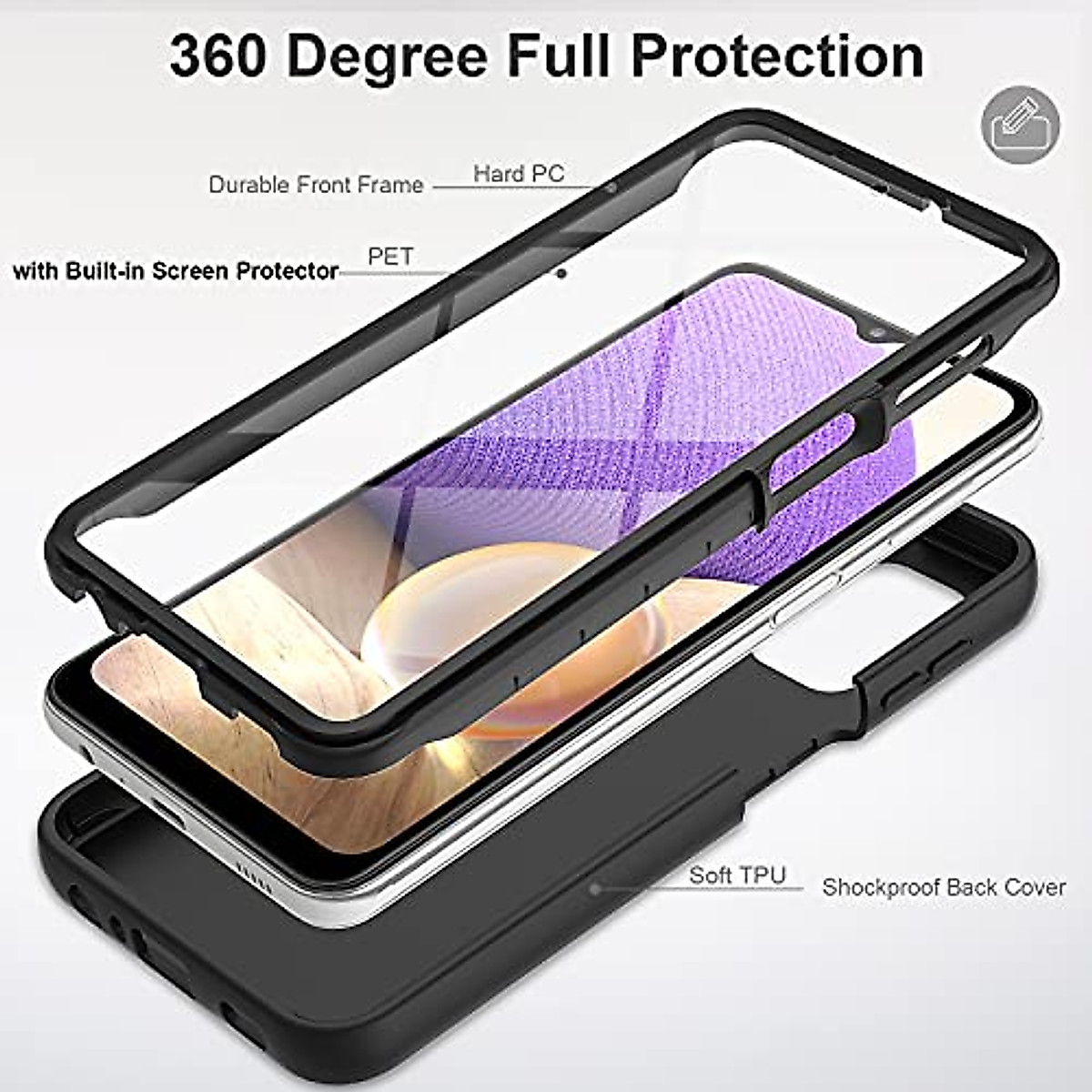 for Samsung Galaxy A32 5G Case with Built-in Screen Protector, Full Body Protection Shockproof Cover Case, [Rugged PC Front Bumper + Soft TPU Back Cover] Armor Protective Phone Case (Black)