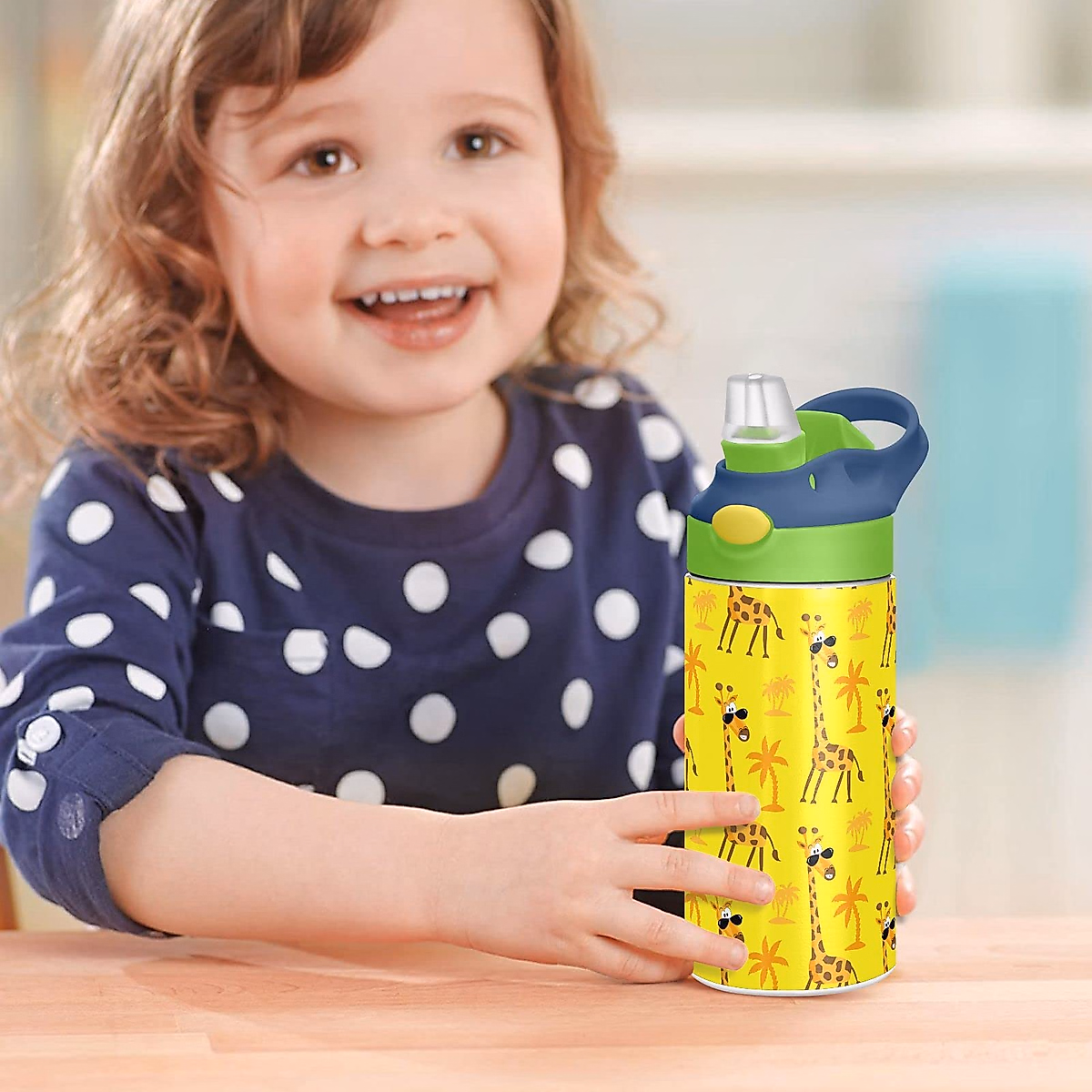 ALAZA Cute Cartoon Giraffe on Yellow Background Kids Water Bottles with Lids Straw Insulated Stainless Steel Water Bottles Double Walled Leakproof Tumbler Travel Cup for Girls Boys Toddlers 12 oz / 35