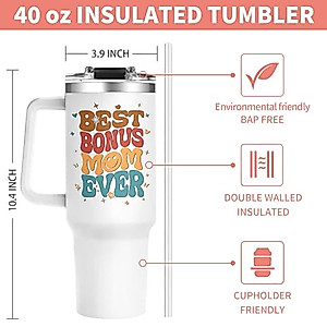 Bonus Mom Tumbler with Handle, Bonus Mom Gifts - 40 oz Best Moms Cups Tumbler with Straw and Lid - Unique Mother In Law Birthday Gift for Mothers Day Christmas for Step Moms Gifts