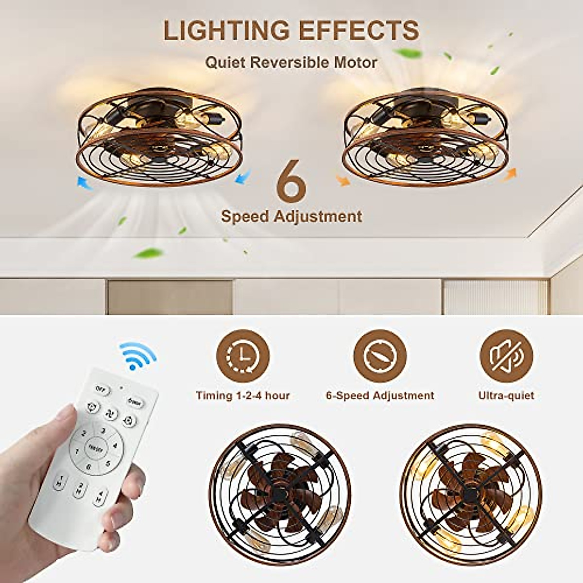 YEDAORL Caged Ceiling Fan with Light Flush Mount, 20 inch Vintage Low Profile Fandelier 6 Speed Chandelier Ceiling Fans Light Fixture with Reversible Motor Remote Control Black