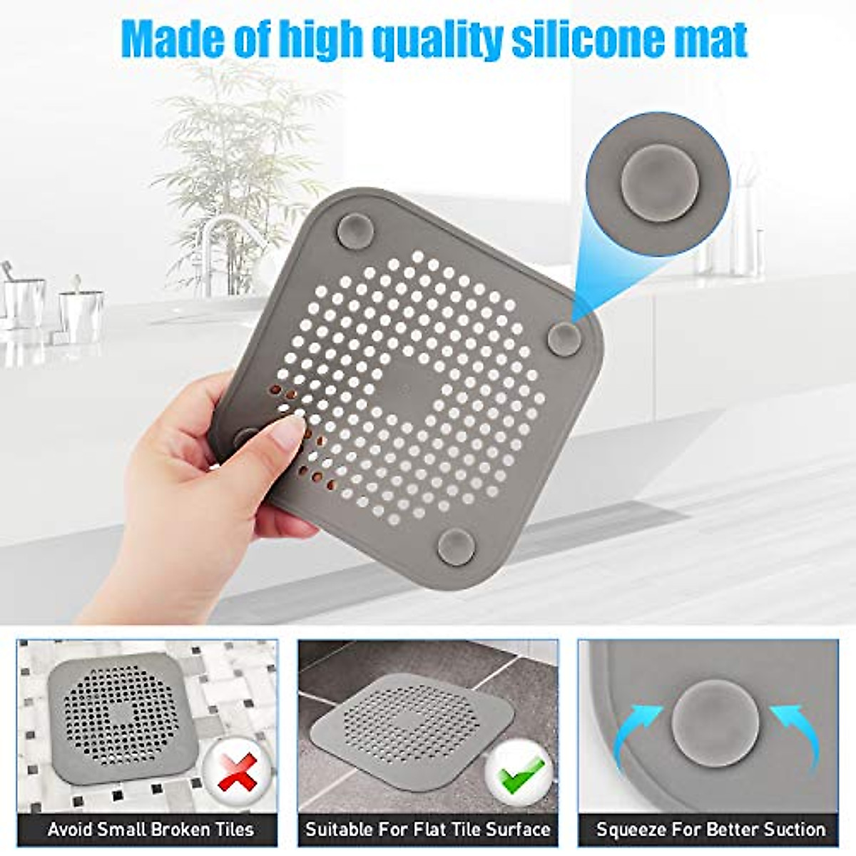 Square Drain Cover for Shower 5.7-inch TPR Drain Hair Catcher Flat Silicone Plug for Bathroom and Kitchen Filter Shower Drain Protection Flat Strainer Stopper with Suction Cups 2 Pack (Grey)