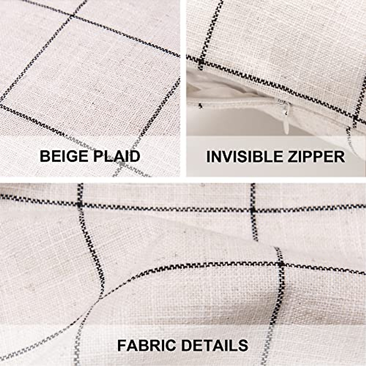 Basic Model Set of 2 Plaid Throw Pillow Covers Modern Farmhouse Decorative Square Linen Pillow Case for Sofa Couch Bed 20 x 20 Inch, Beige