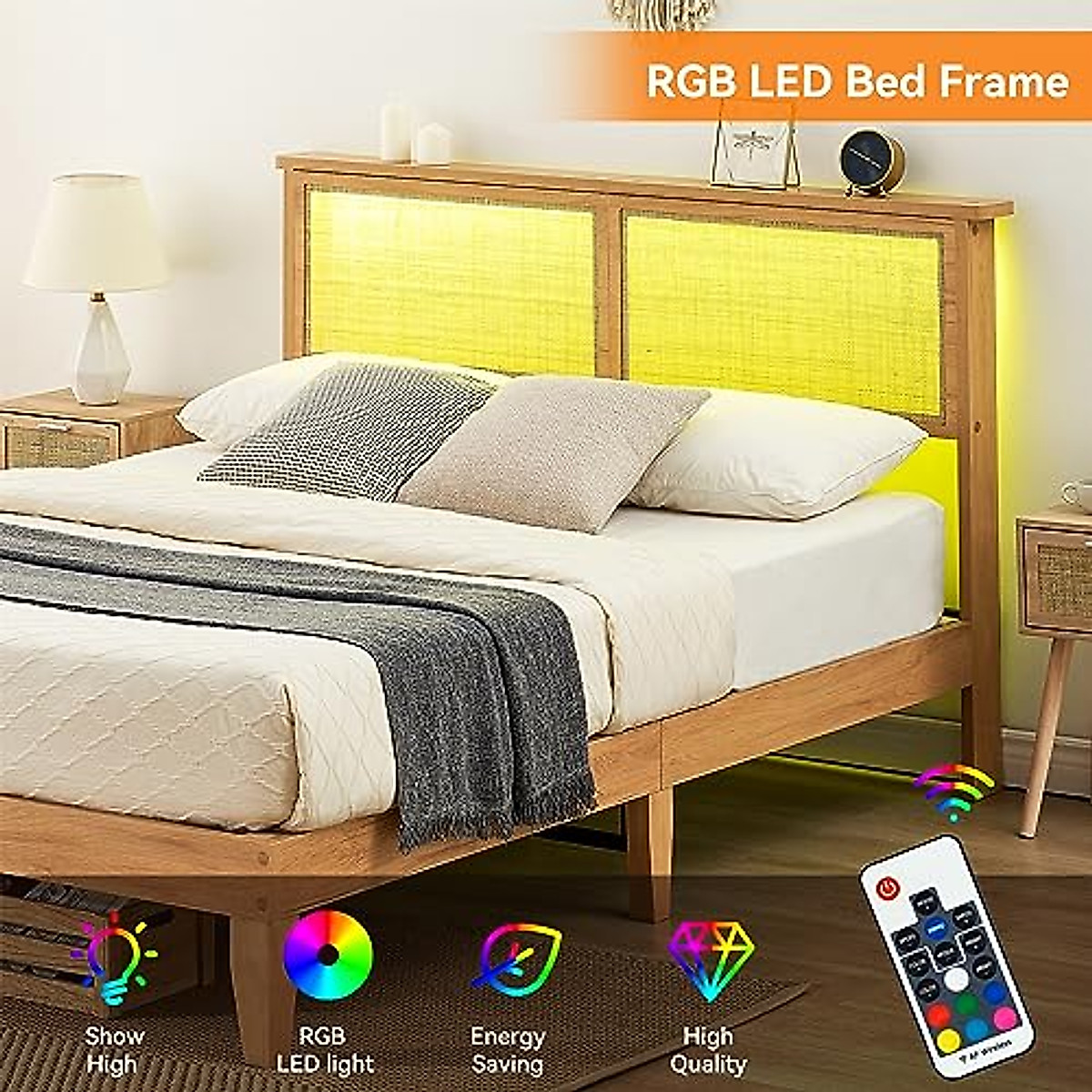 GAOMON 12.4 Inch Deluxe Solid Wood Queen Bed Frame with Natural Rattan Headboard, Queen Size Platform Bed Frame with LED Lights, Mattress Foundation, Noise-Free, No Box Spring Needed