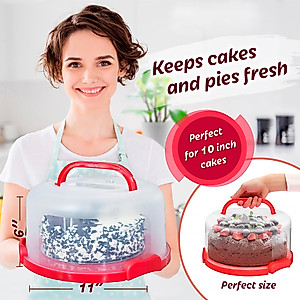 Flixeno Large Sturdy Red Round Cake Carrier Holder Up to 10 inch Multi Purpose Cover Five Section Serving Tray Keeper for Easily Hold & Transport Cakes Pies & Cupcakes with Collapsible Handles + 3 Extra Clips