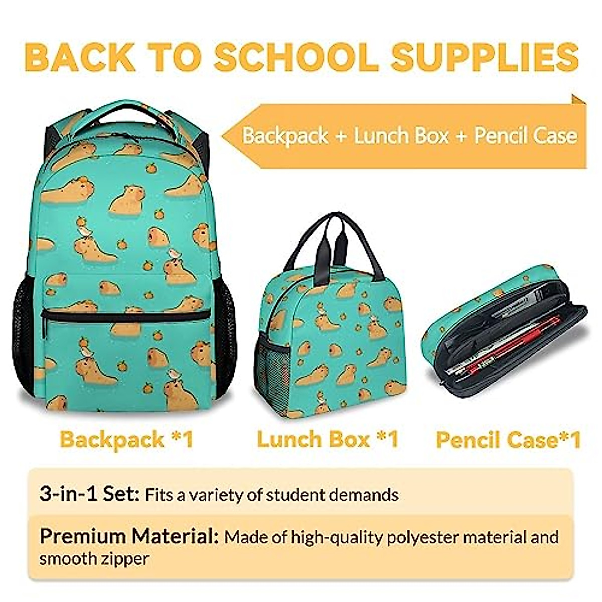 NICEFORNICE Capybara Kids Backpack with Lunch Box, Set of 3 School Backpacks Matching Combo, Cute Green Bookbag and Pencil Case Bundle