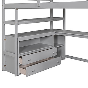 Harper & Bright Designs Gray Full Loft Bed with Staircase and Desk, Wooden Full Size Loft Bed with Storage Shelves & 2 Drawers, Full Loft Bed Frame with Step for Kids Boys Girls Teens