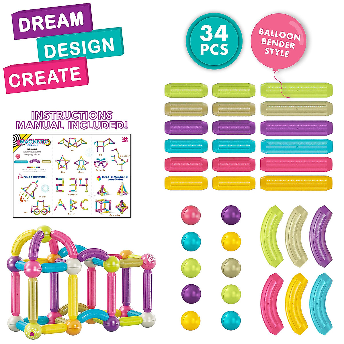 Magnetic Balls and Rods Set | 34 PCS Educational Magnet Building Blocks – Vibrant Colors, Different Sizes & Curved Shapes + Instructions Manual – Developmental STEAM Toys for Boys & Girls 3 4 5 6 7