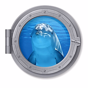 BooDecal 11 x 11 inch Cute Dolphin Undersea Series Porthole Fake Window Removable Wall Decals Swimming Sea Fish Waterproof Wall Stickers for Childrens Playroom Nursery Bathroom