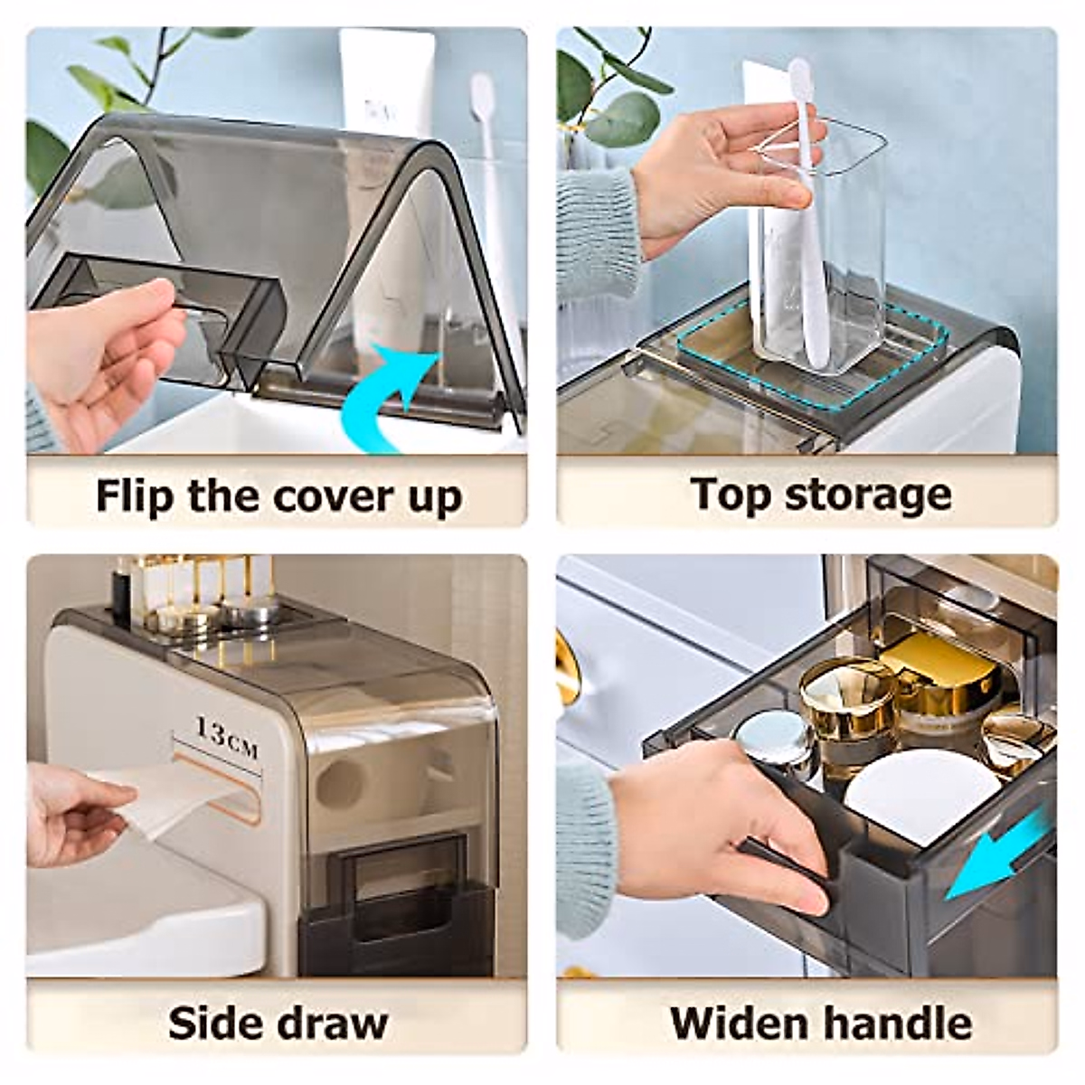 FRGBAKLI 4 Tier Slim Drawer Storage Tower, Narrow Toilet Paper Storage Cabinet Large Capacity with Clear Drawers and Casters Bathroom Floor Cabinet Storage Cart for Bathroom, Laundry Room, Kitchen