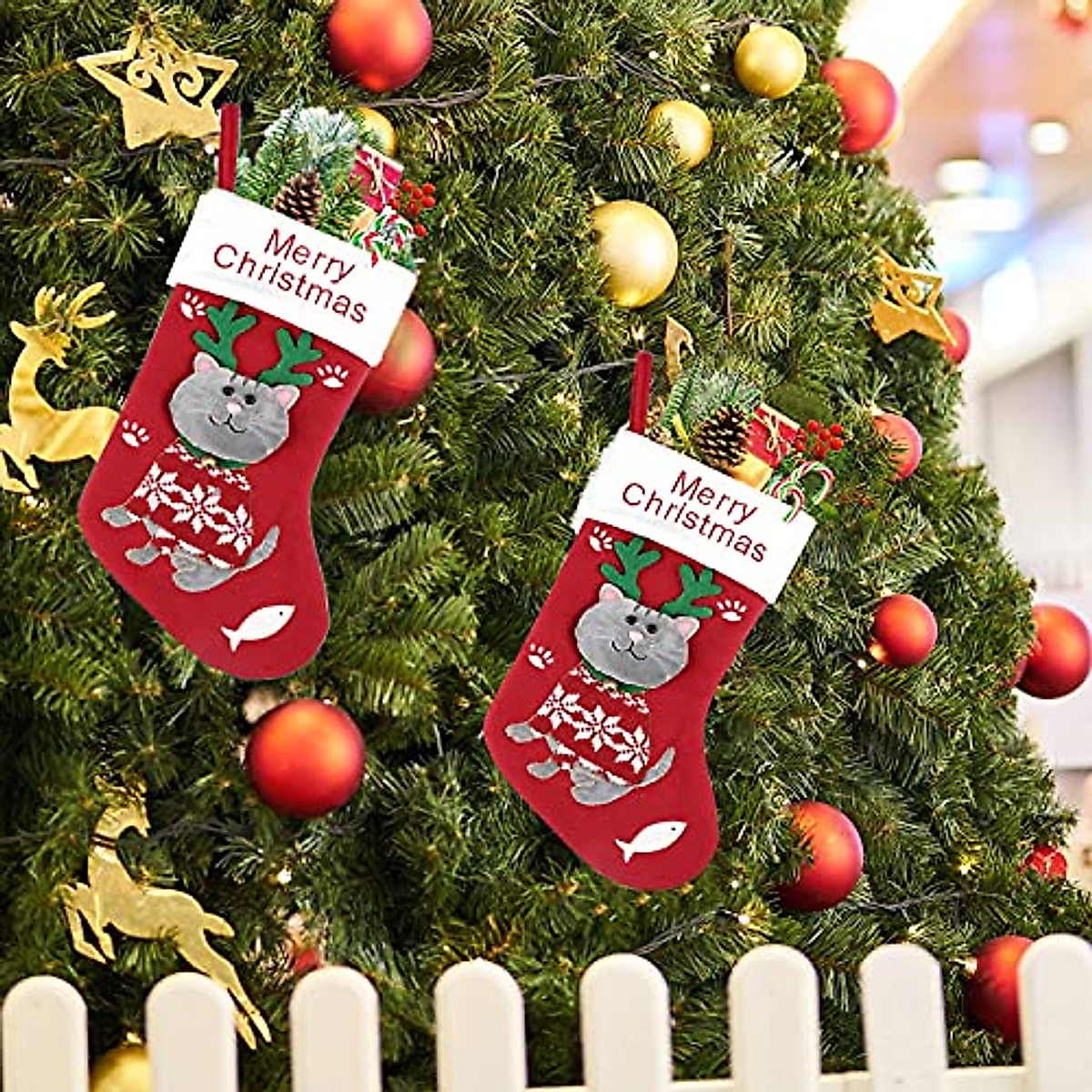 EPHVODI 2 Pack Large Christmas Stocking, 15" 3D Cat with Bell Christmas Cuff Stocking Fireplace Decorations for Family Holiday Season Party Decor