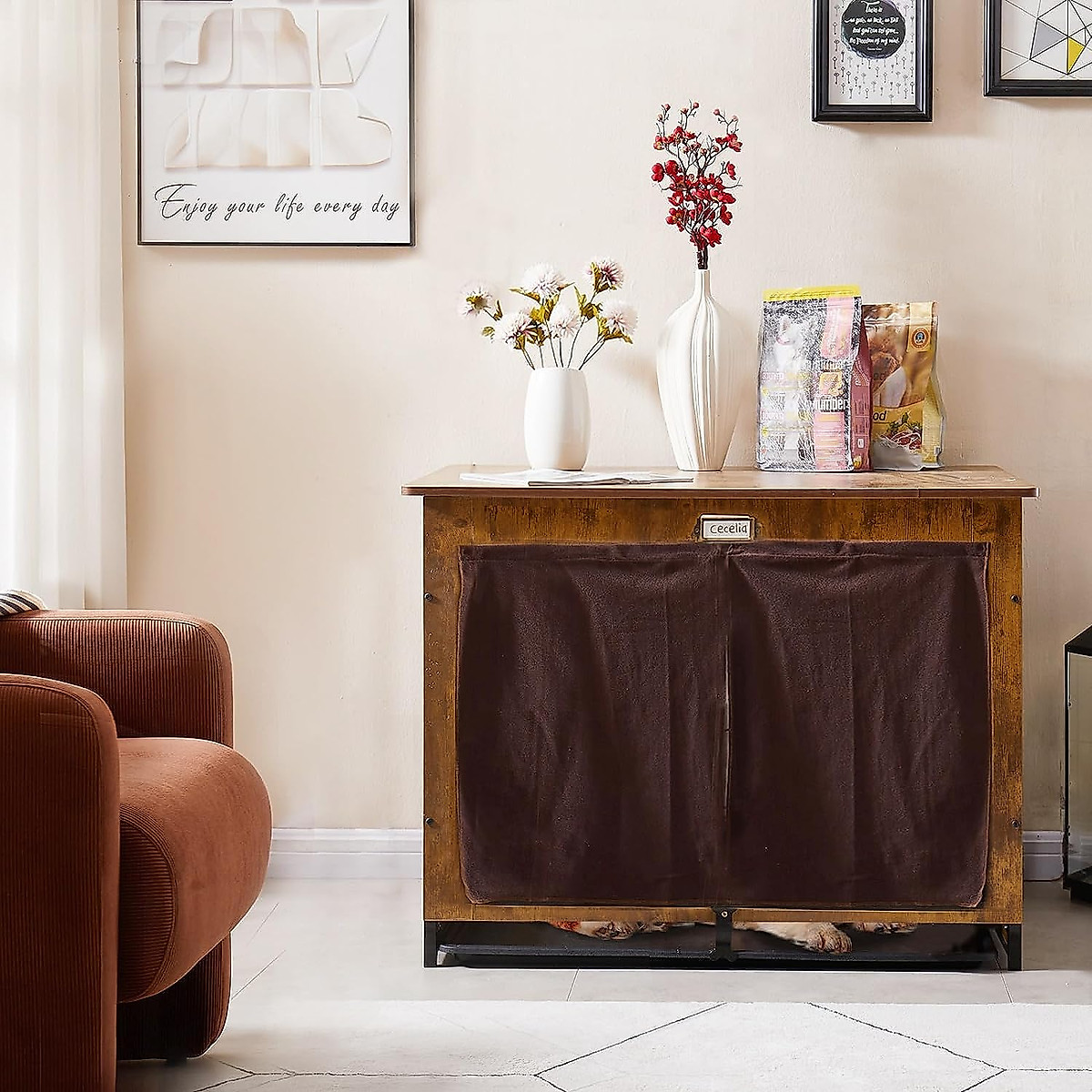 COPAW Dog Crate Furniture - 32 Inch Wooden Wire Pet Kennels with Double Doors Cushion and Removable Tray, Brown, Black