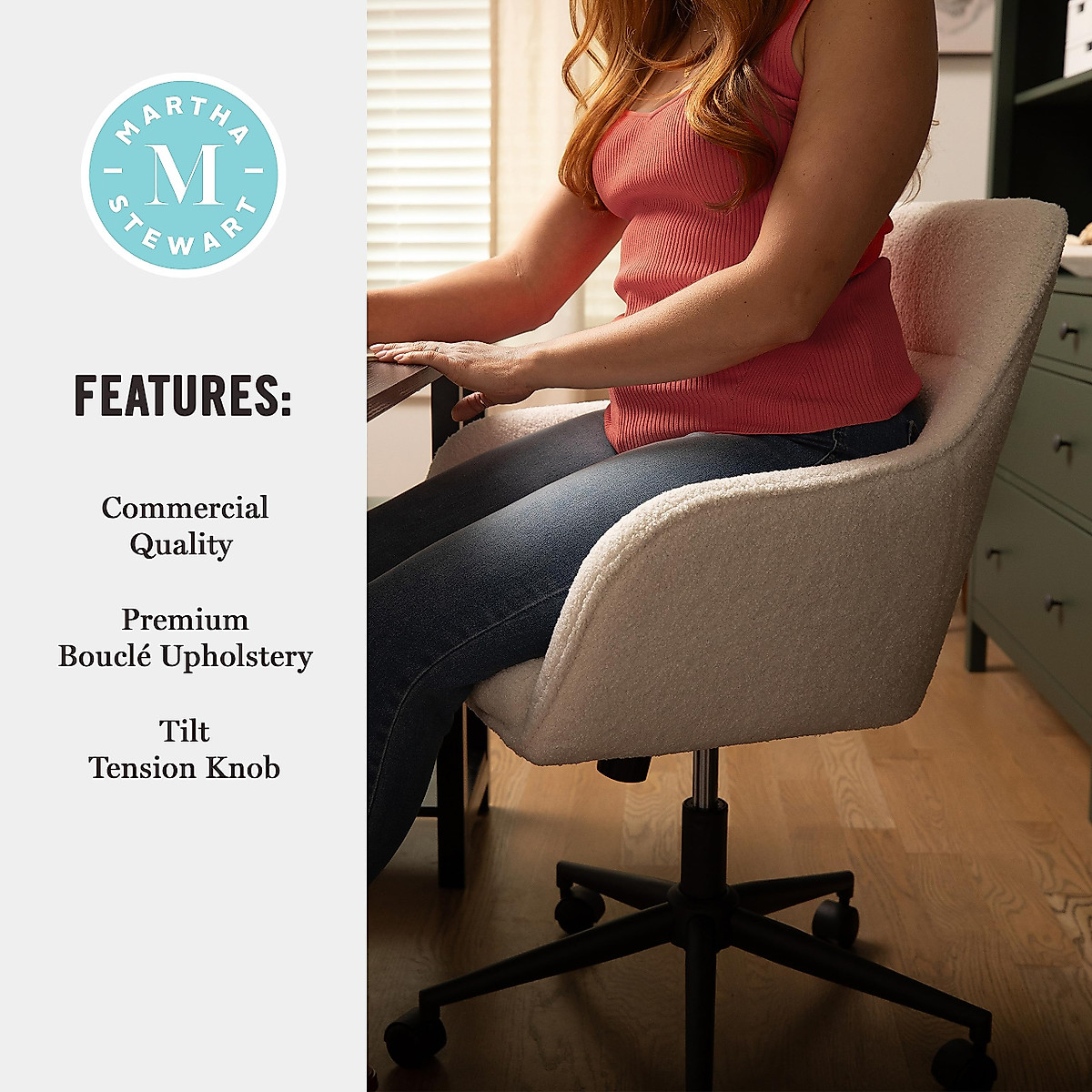 Martha Stewart Rayna Swivel Task Chair with Flared Arms for Home Office in White Boucle with Oil Rubbed Bronze Frame