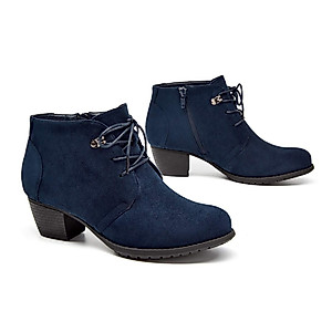 VJH confort Women's Ankle Boots,Lace-up Round Toe Comfortable Low Heel Dress Booties with Side Zipper (navy,7.5)