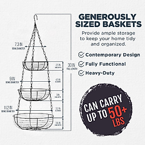 Culinary Couture Hanging Fruit Basket for Kitchen, 3-Tier Heavy-Duty Hanging Wire Baskets for Organizing, Minimalist Fruit Hanging Baskets for Kitchen, Black