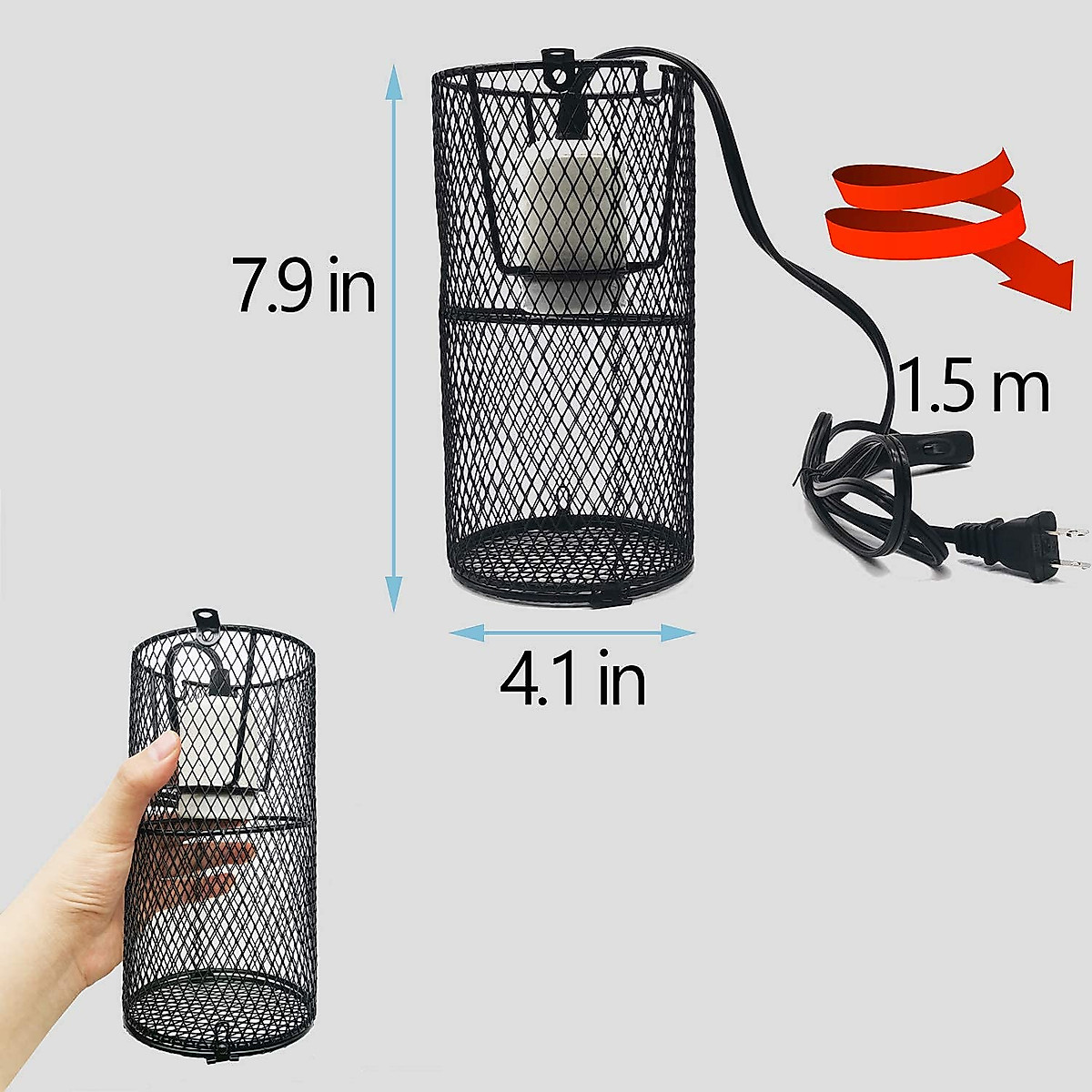 Reptile Heat Lamp Guard Ceramic Heat Emitter Basking Heater Lamp Reptile Accessories for Turtle Snakes Lizards Frogs Chicks with Power Switch & Anti-Biting Hanging Hook Design Round Without Bulb 200w