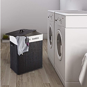 GOFLAME Bamboo Laundry Basket Folding, Dirty Laundry Hamper, Dirty Clothes Basket Bin with Lid and Removable Liner, Two Sections with Large Storage, Handle Grip, Ideal for Bedroom Bathroom (Black)