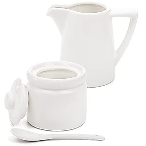 ZENFUN Set of 4 Porcelain Creamer and Sugar Set with Saucer, Sugar Bowl with Lid and Spoon, Cream Pitcher, Sweetener Holder, Coffee Serving Set for Kitchen Home Cafe Party, Restaurant, White