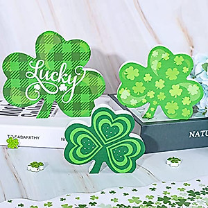 Whaline 3Pcs St. Patrick's Day Wooden Signs Green Plaid Shamrock Table Ornament Lucky Clover Double-Side Print Table Centerpieces Irish Holiday Table Centerpieces for Home Fireplace Tiered Tray Decor