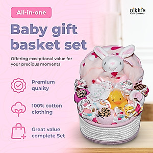 Bassinet New Baby Girl Gift Set | Unique Newborn Gift Basket Hamper for Gender Reveal | Baby Essentials for Expecting Moms & Parents | 17-Piece Baby Layette Set | Pink - Nikki's Gift Baskets